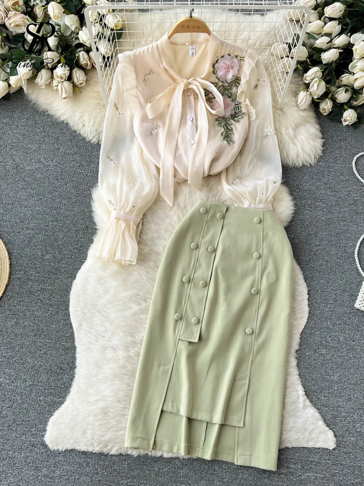 Singreiny Office Lady High Street Slim Suits Summer Floral Embroidery