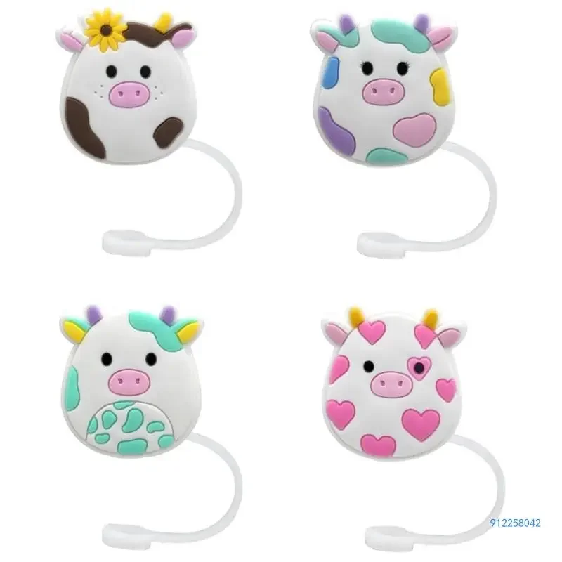 4-Pcs-Reusable-Silicone-Straw-Covers-Cap-Cartoon-Cow-Straw-Toppers ...