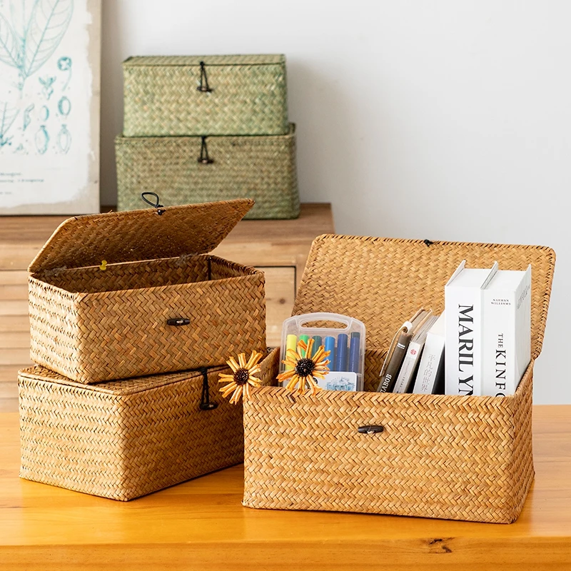 Ins Storage Baskets with Lid Rectangle Seaweed Weaving Box Clothes ...