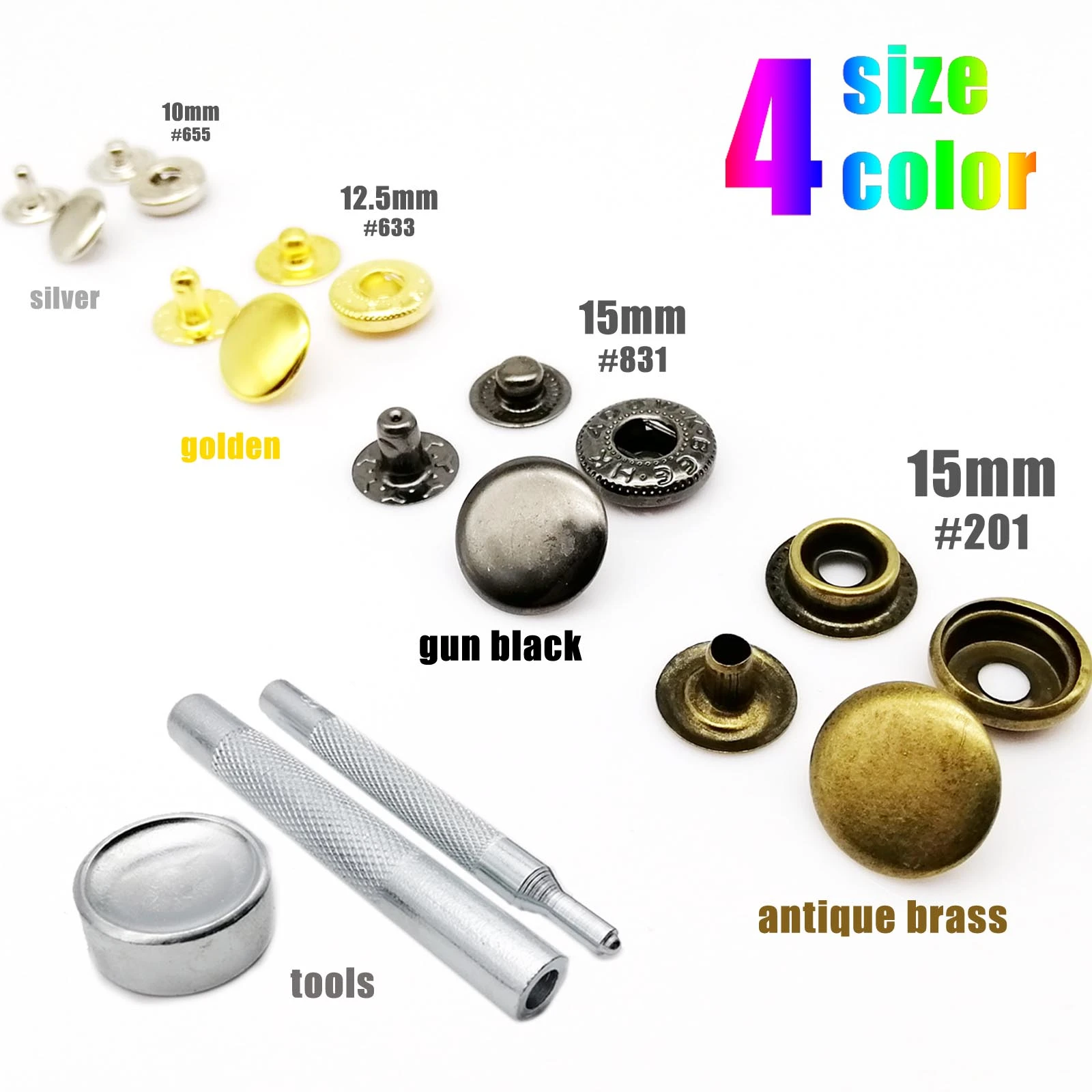 25sets #655 #633 #831 #201 Metal No Sewing Snap Fastener Button Press ...