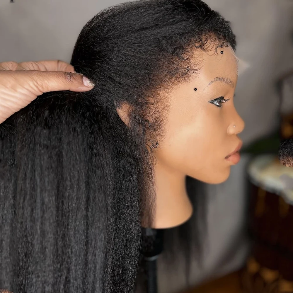 Yaki Soft Black Preplucked Soft 26“Long Kinky Straight 180Density Lace Front Wig Synthetic For ...
