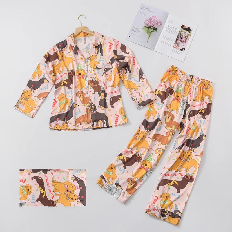 Dachshund-Print-Pajamas-Women-Silk-Like-Cute-Dog-Two-Pieces-Set-Long ...