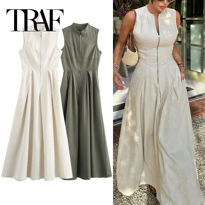 TRAF-vestido-largo-plisado-sin-mangas-para-mujer-traje-ajustado-con ...