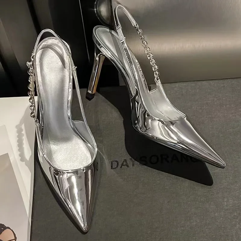 Shiny-High-Heels-Slingback-Silver-Women-Pumps-Metallic-Crystal-Sandals ...