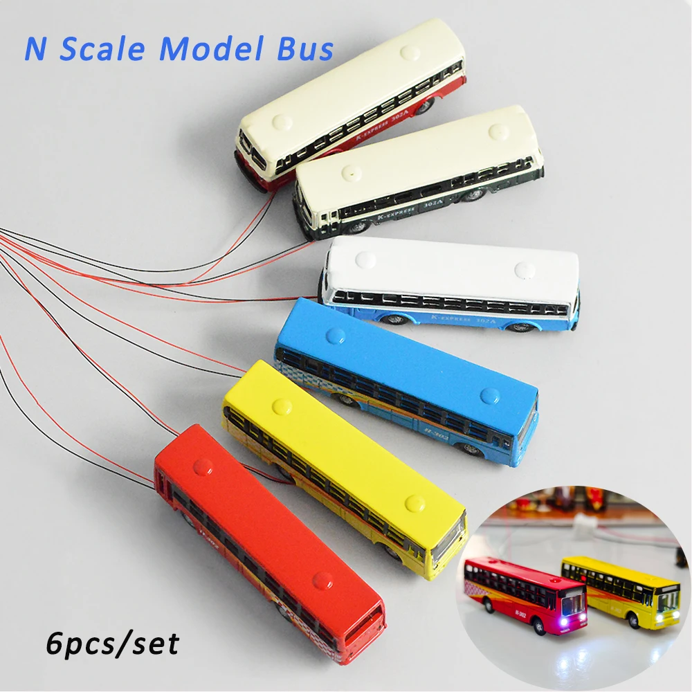 6Pcs/set 1:150 N Scale Miniature Bus Model Luminous Car Alloy Vehicle ...