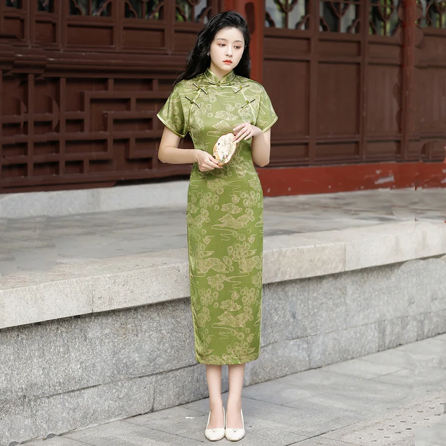 Chinese Traditional Silk Long Cheongsam with Lining Women Spring Summer ...