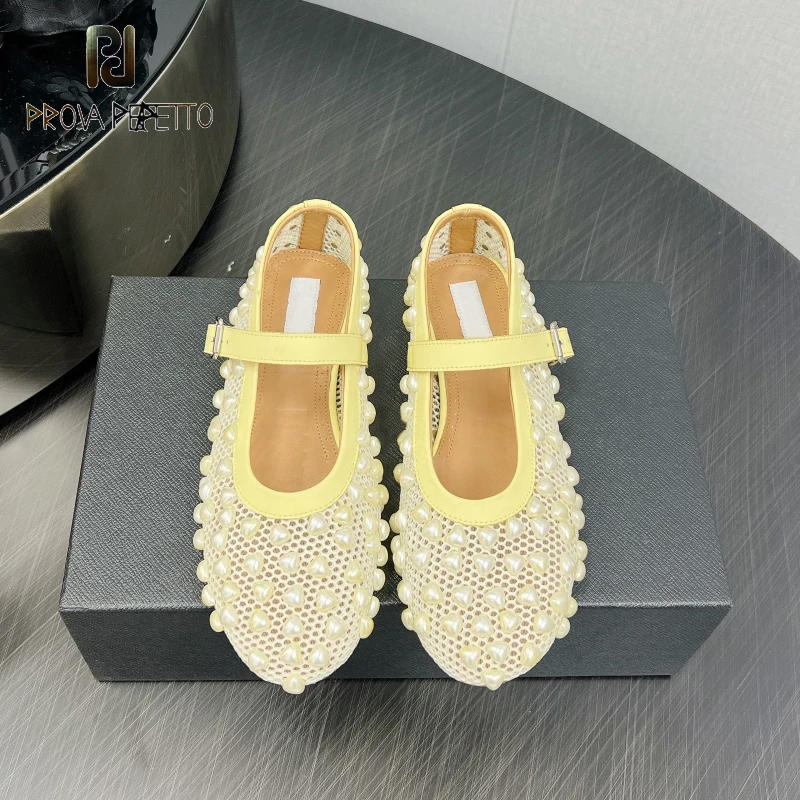 New-Arrival-Flat-Mesh-Ballet-Shoe-Pearls-Decor-Light-Colors-Buckle ...