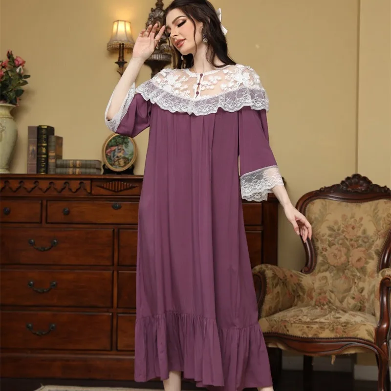 فساتين نوم طويلة مطرزة باللون البنفسجي من الفيسكوز الناعم جديدة للسيدات ...