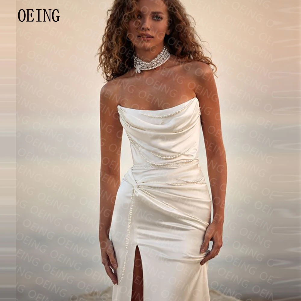 OEING A line Strapless High Side Slit Pearls Satin Lace up Back Wedding ...