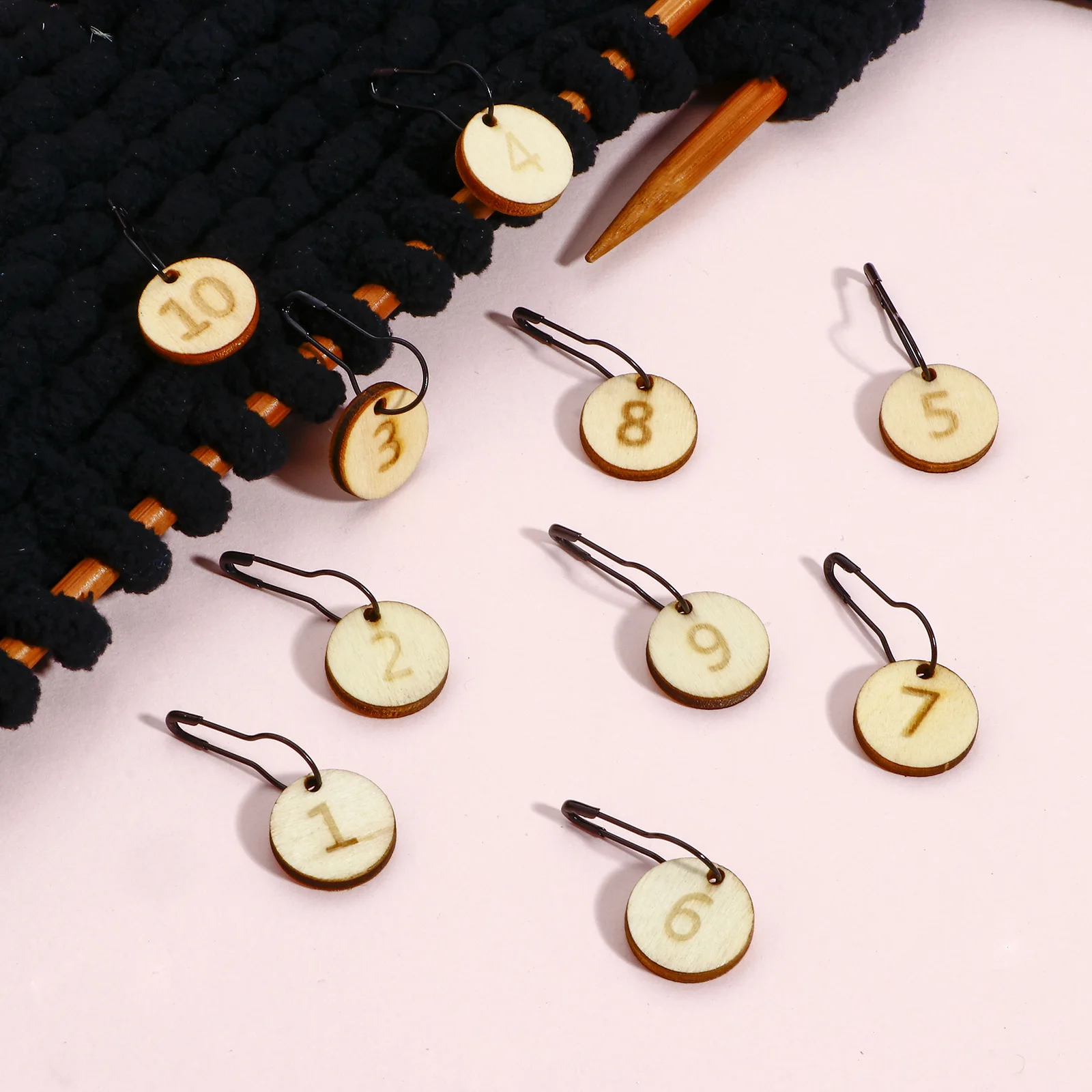 1-Set-10-PCs-Set-Natural-Wood-Knitting-Stitch-Markers-Round-Number-1-10 ...