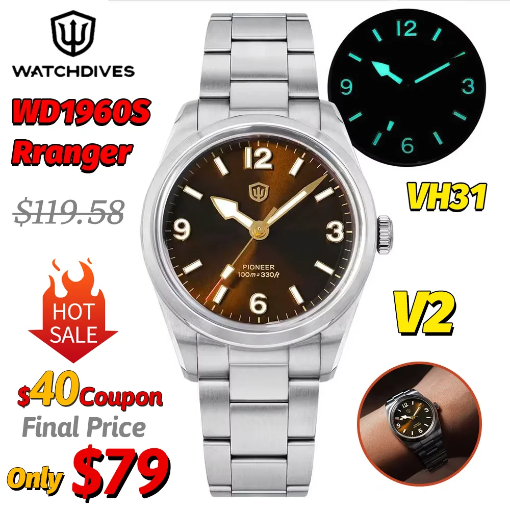 Watchdives WD1960S V2 Vintage Watch VH31 Sweep Seconds Quartz Watches ...
