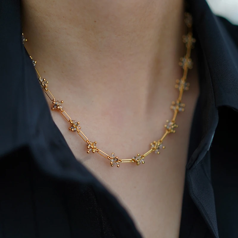 Black-crystal-flower-chain-necklace-for-women-minimalist-dainty ...