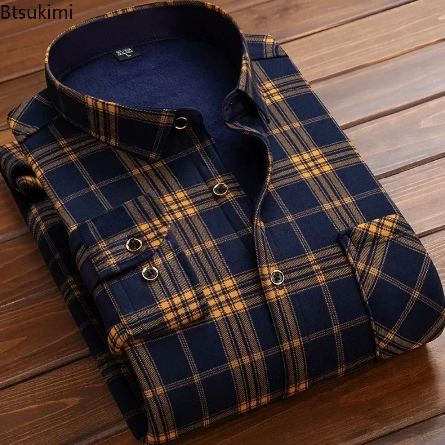 2024-Men-s-Winter-Warm-Long-Sleeve-Plaid-Shirts-Flannel-Fur-Lined-Thick ...