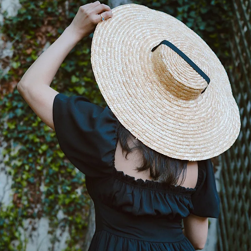 Summer Big Natural Straw Hats for Women Handmand Wide Brim Beach Visor Caps Elegant Flat Top Long