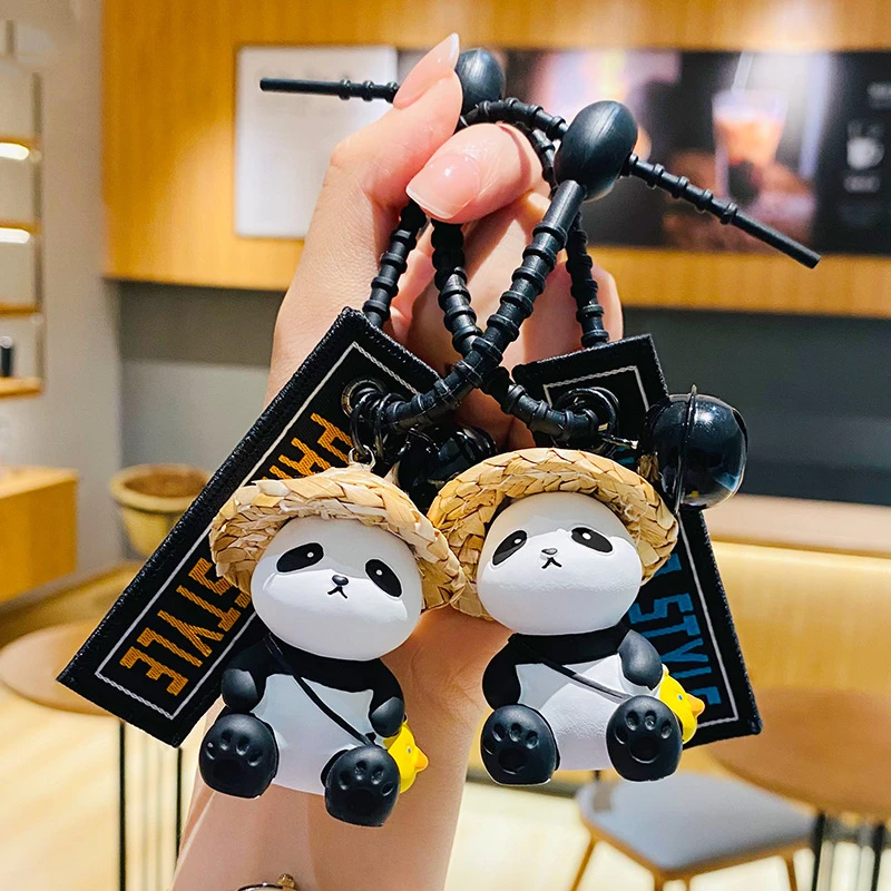 Cartoon Cute Straw Hat Panda Doll Keychain Creative Animal Bell Key ...