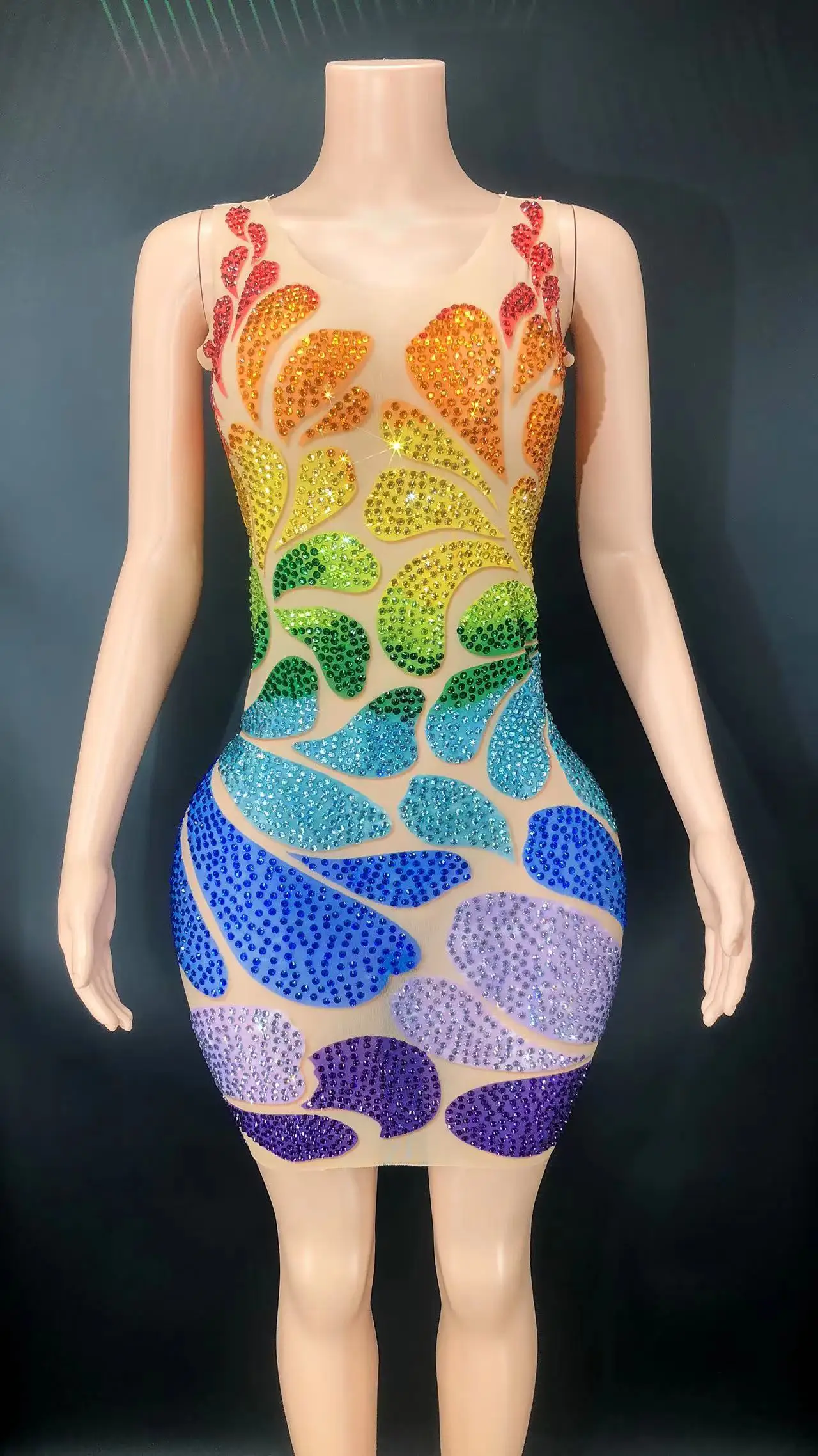 Sexy-Sparkly-Multicolor-Rhinestones-Sleeveless-Mesh-Transparent-Short ...