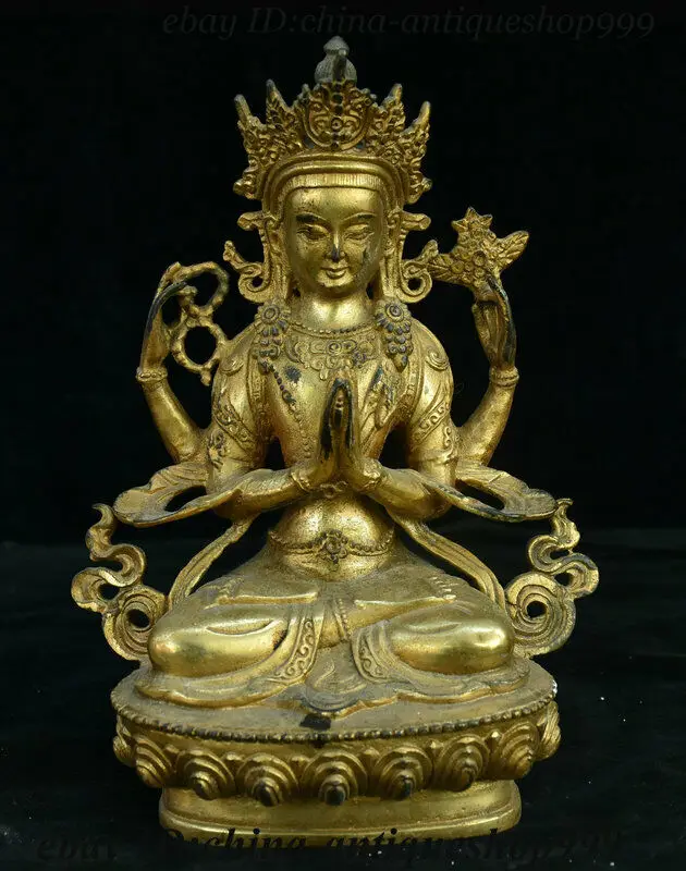 8" Tibetan Bronze Gilding 4 Arms Chenrezig Goddess Buddha ...
