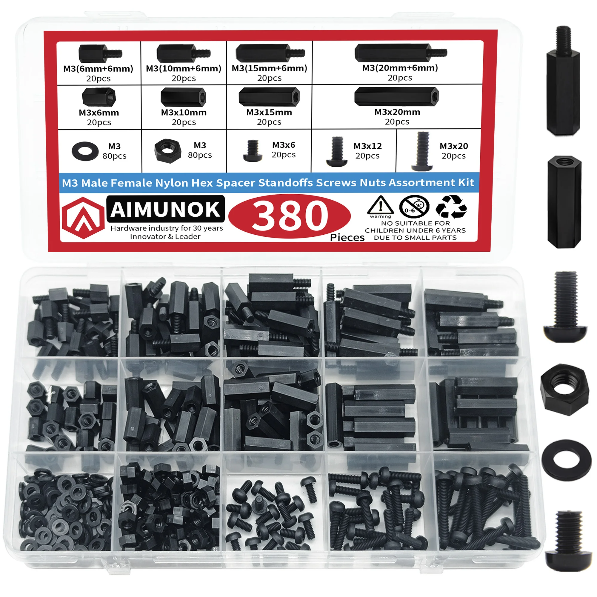 380pcs M3 Male Female Nylon Hex Spacer Standoffs Screws Nuts Assortment ...
