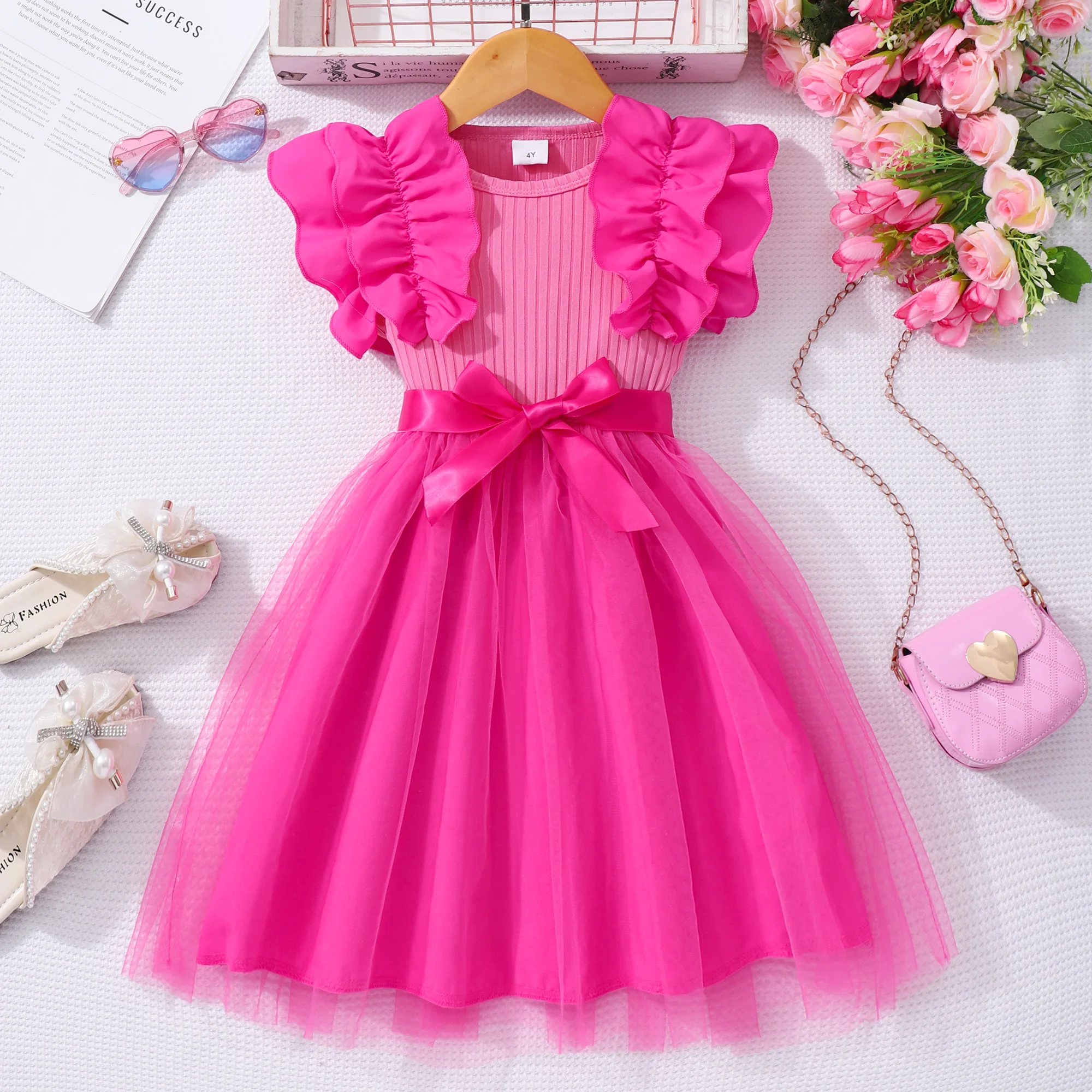 2025 Rose Red KIds Girl Dress Summer Short Sleeve Cute Mesh Toddler ...