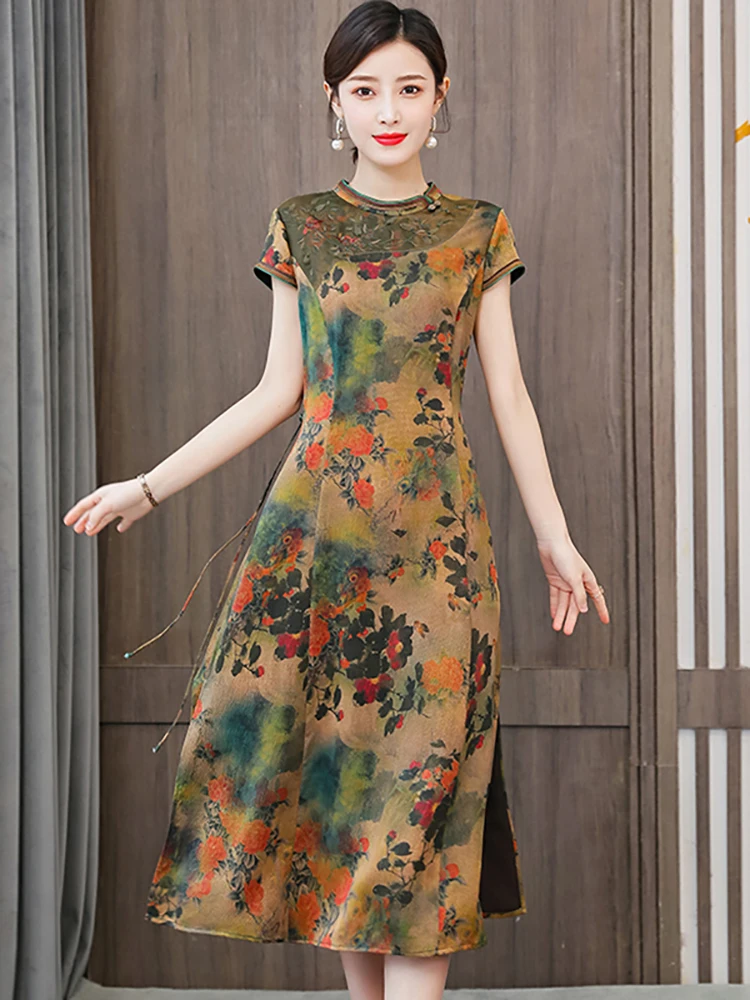 2024-Floral-Silk-Luxury-Elegant-Cheongsam-Dress-Women-Short-Sleeve ...