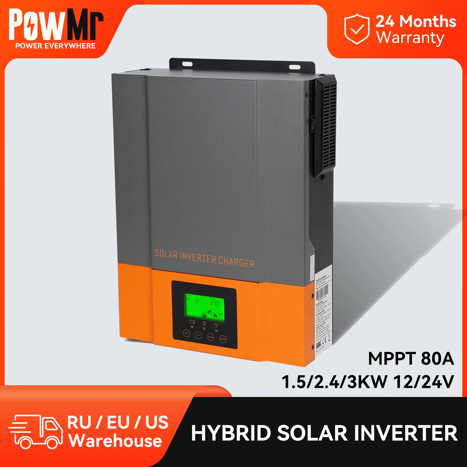 PowMr Hybrid Solar Inverter 12V 24V 3KW 2KW 1.5KW Pure Sine Wave Inverter Off Grid Build in 80A ...