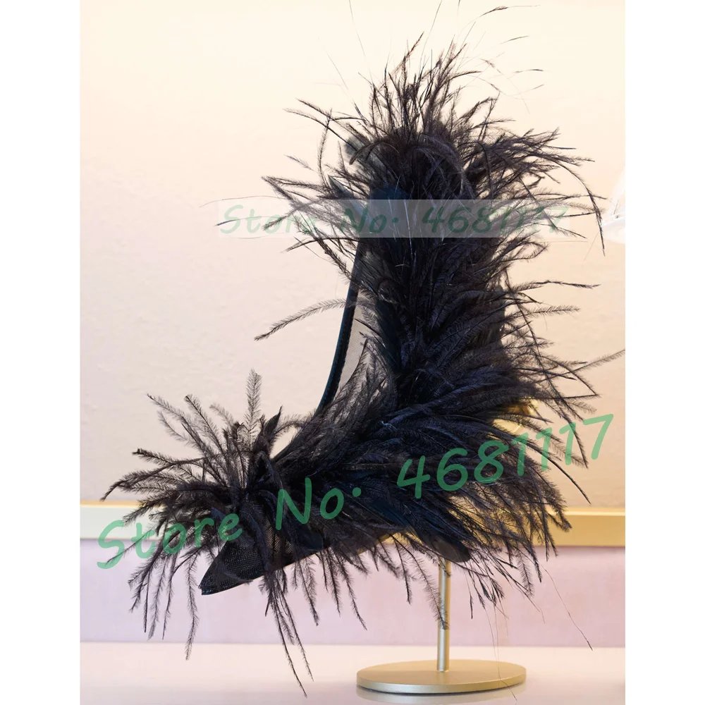 Elegant Real Feather Pointed Toe Pumps Women Luxury Furry Satin High ...