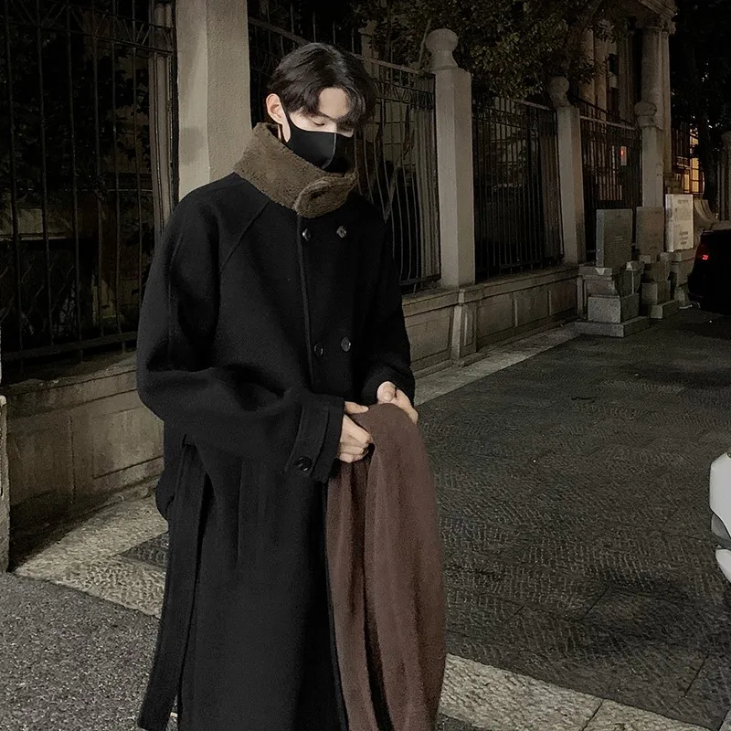 Men's Lamb wool Patchwork Woolen Overcoat Men High-end Stand Collar ...