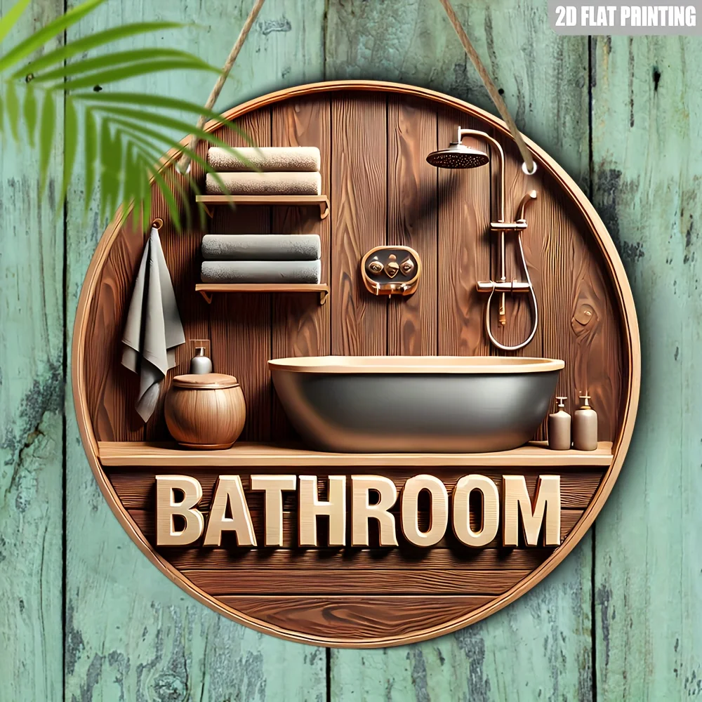 1 Piece 2D Wooden Disc Bathroom Theme Wall Art Sign 8 inch for Home ...