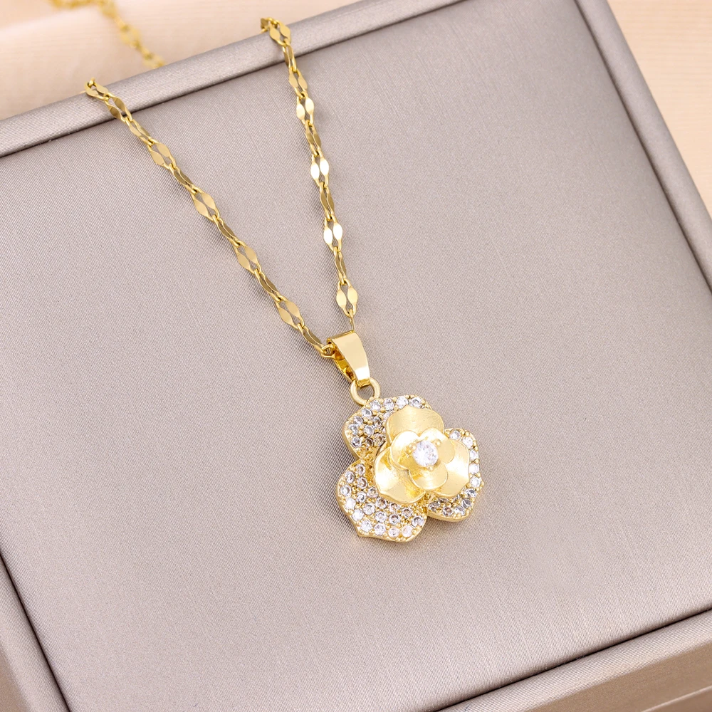 New-In-Rotatable-Sweet-Zircon-Crystal-Rose-Pendant-Necklaces-For-Women-Trendy-Female-Stainless ...