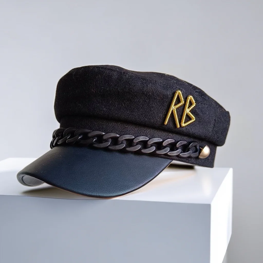 2023 Black Chain Octagonal Hat English Letter Customizable Autumn and ...