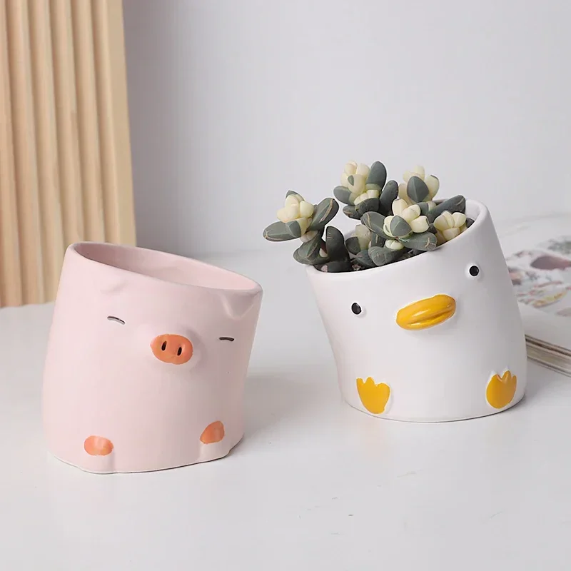 Cute-Cartoon-Animal-Duck-and-Pig-Ceramic-Flower-Pot-Creative-Crooked ...