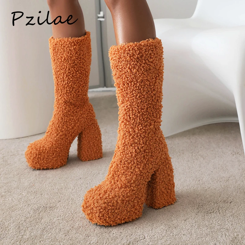 Pzilae Round Toe Knee High Fluffy Boots Sexy Elegant Women Chunky High ...