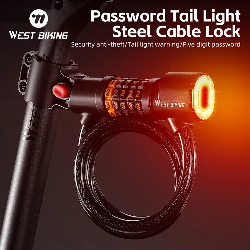 WEST-BIKING-Bicycle-Padlock-with-Tail-Light-Anti-theft-Steel-Cable-Lock ...