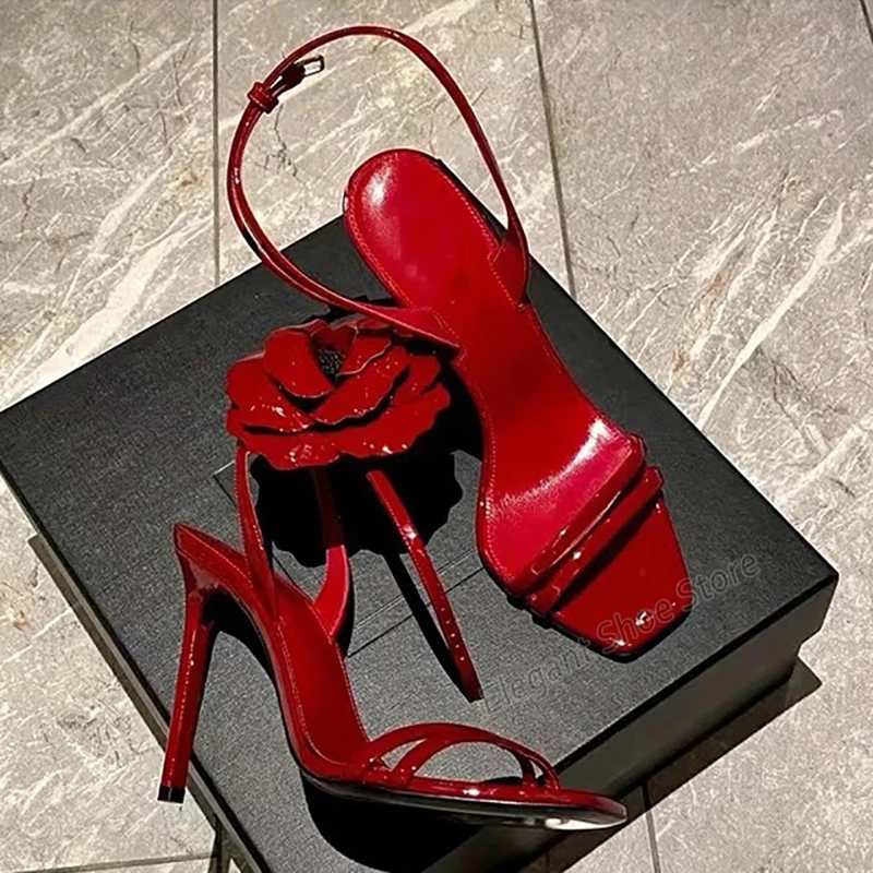 Red Rose High Heels Women's Sandals Square Toe Ankle Strap 9CM Stiletto ...