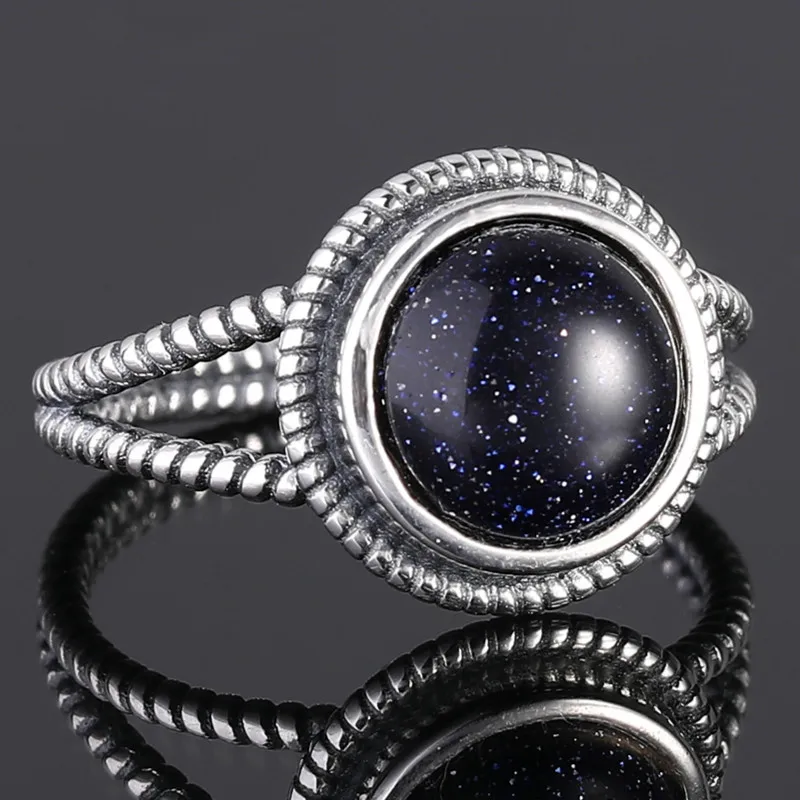 Silver Rings 10MM Round Blue Sandstone Ring Women's Wedding Party ...