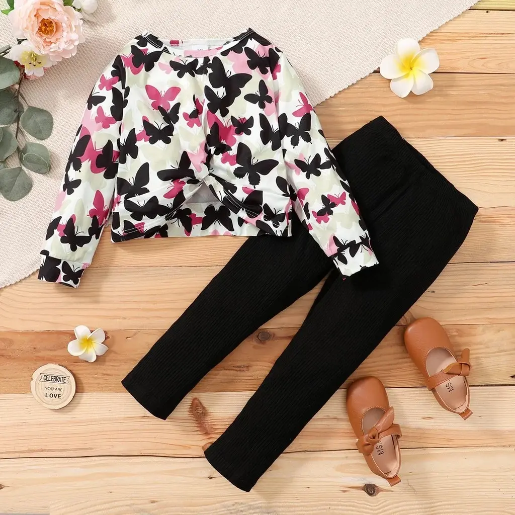 1-6Years Kids Girl Clothes Set Long Sleeve Butterfly Printed Top+Black ...