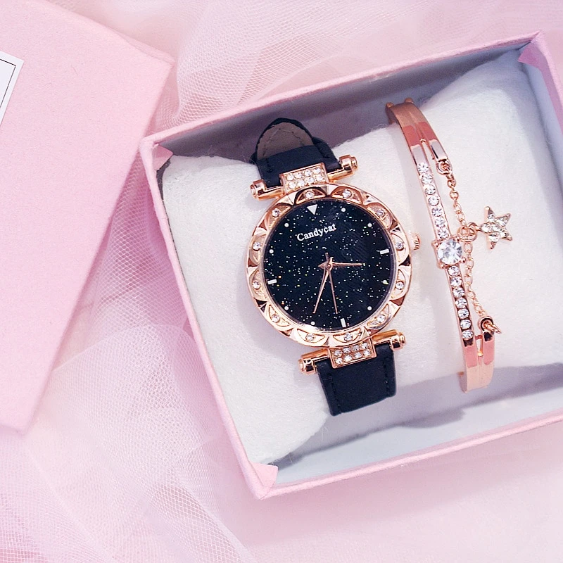 2 Stück Set Damen uhren Set Sternen himmel Damen Armband Uhr lässig ...