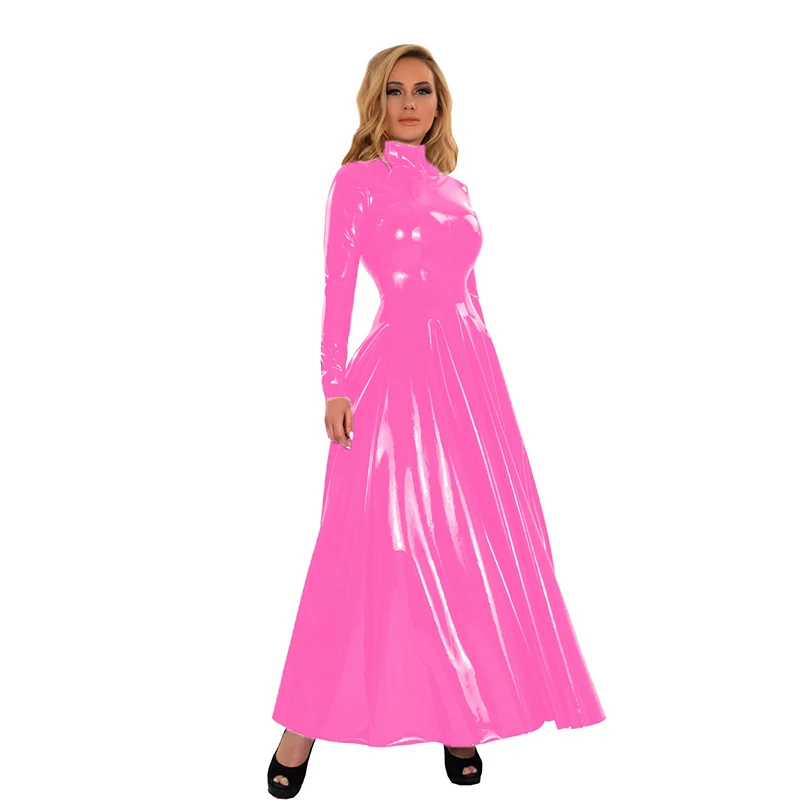 Women PU Long Sleeve Dress Faux Latex Pendulous Maxi Dress Floor Length ...