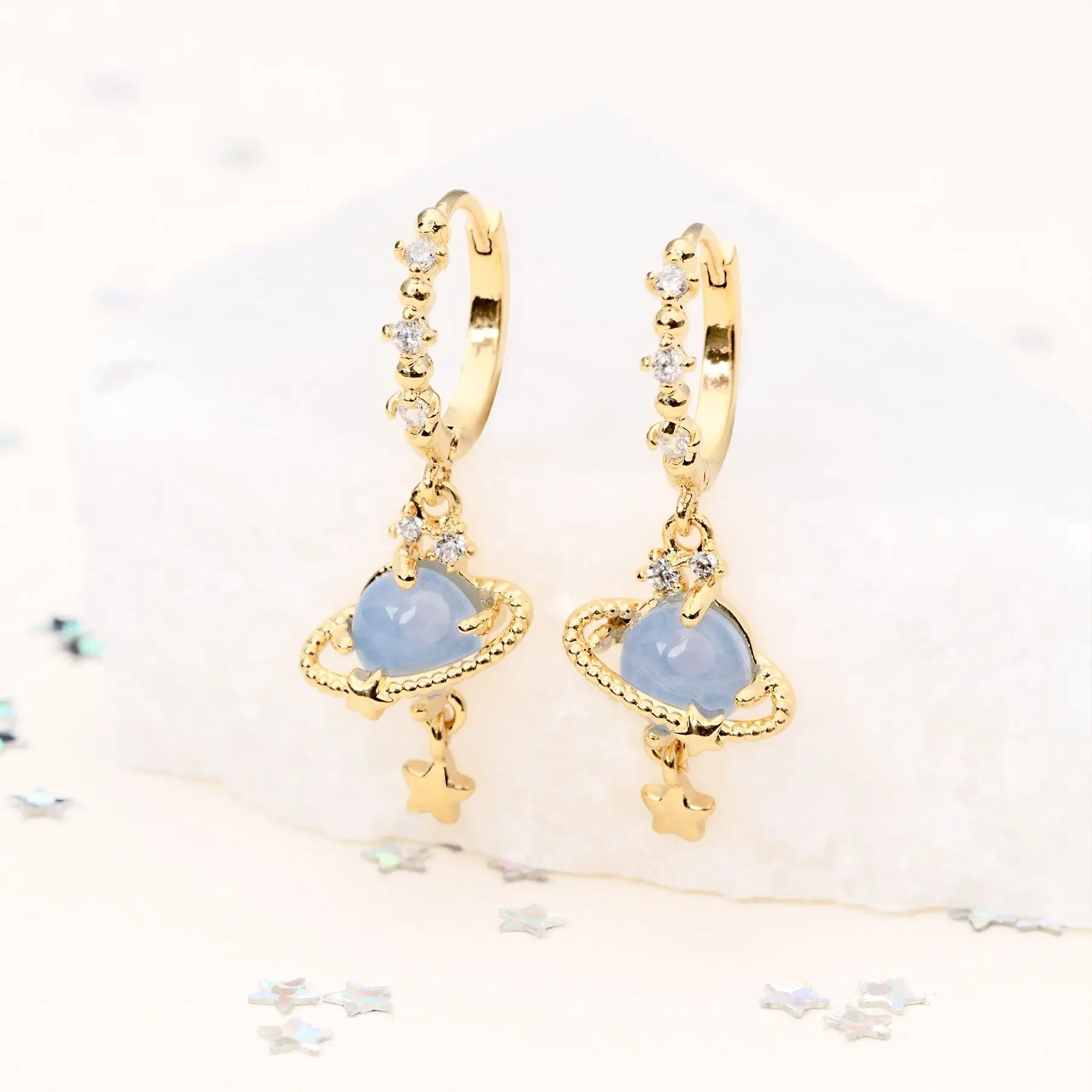 New Ins Vintage Cute Circle Star Saturn Earrings Exquisite Blue Planet ...