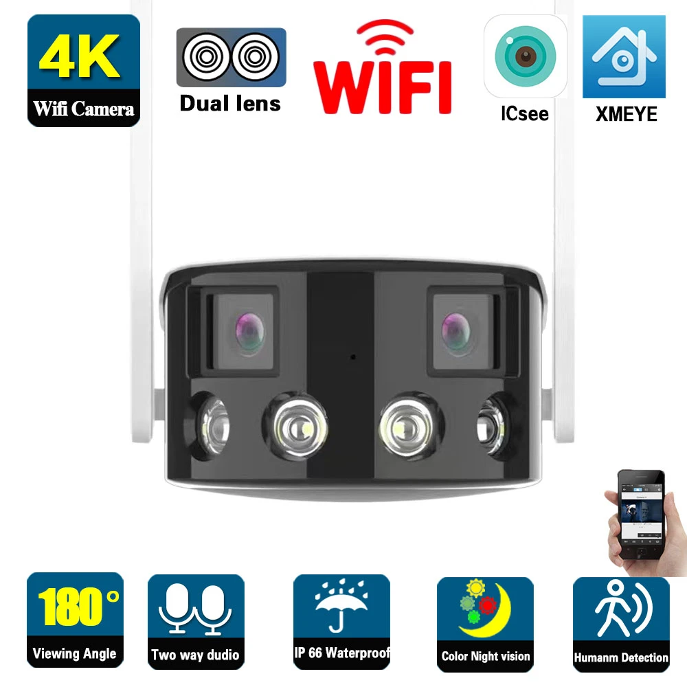 4K 4MP Dual Lens Wifi IP Camera Outdoor 180° Ultra Wide Angle Security ...