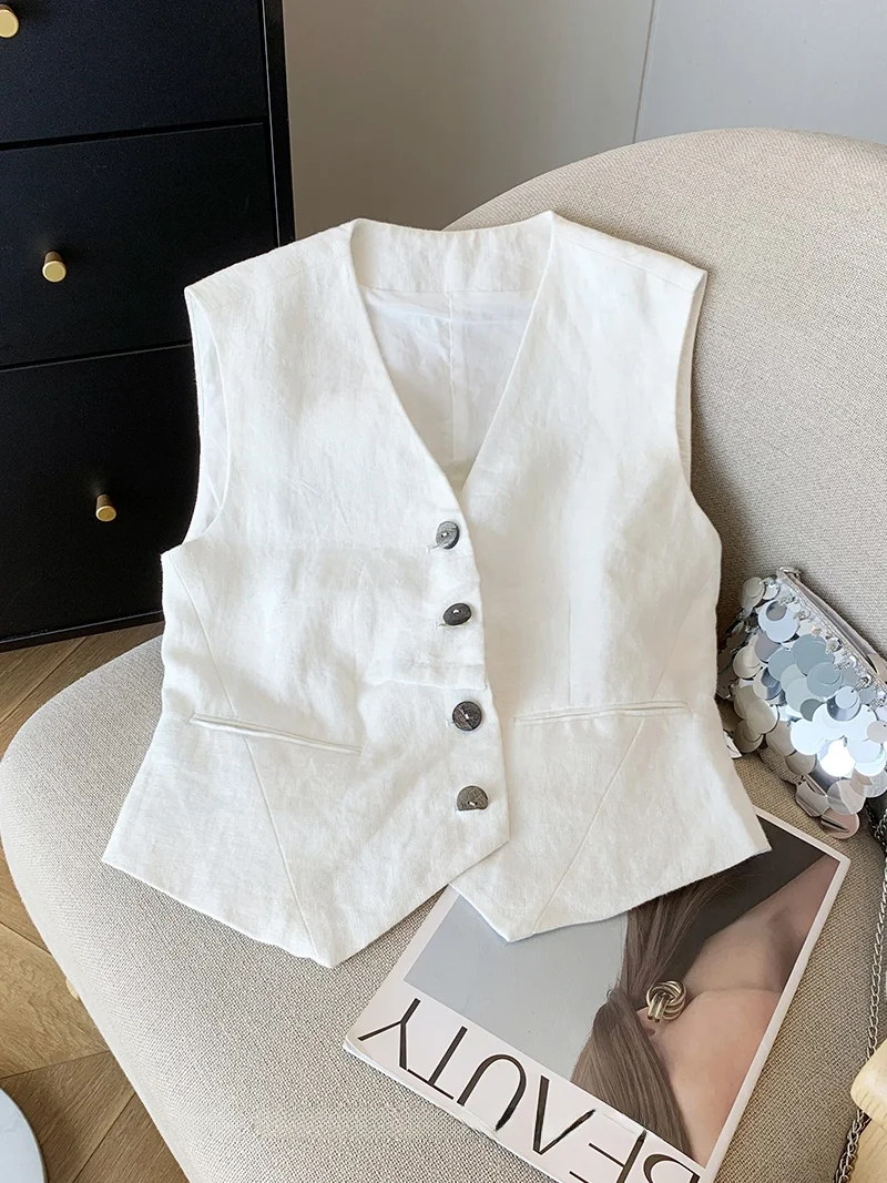 Nanyou-Classy-Women-s-White-V-Neck-Linen-Old-Money-Sle-Suit-Vest-Women ...