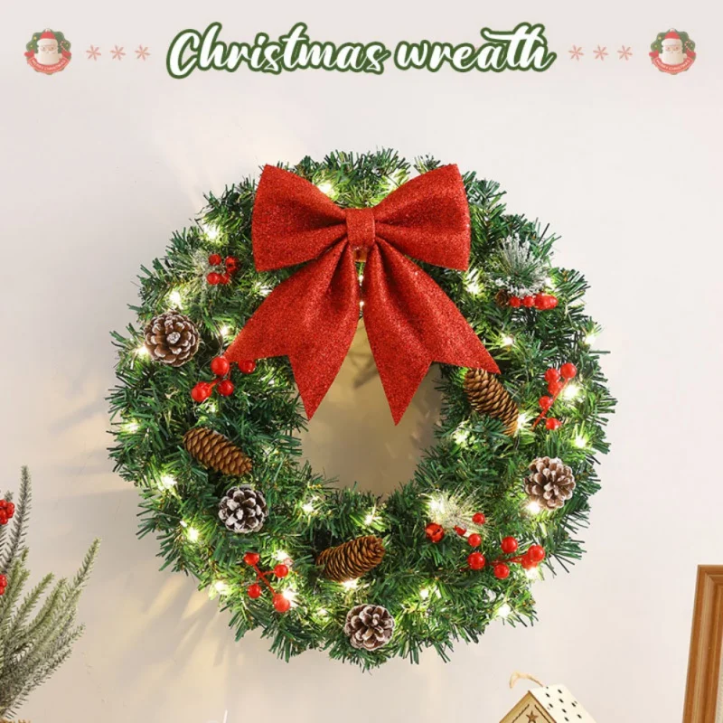 Grinalda-de-Natal-iluminada-com-la-o-vermelho-e-decora-es-de-porta ...