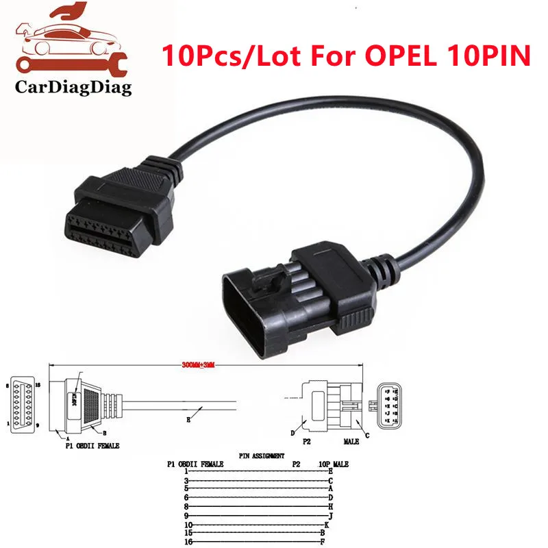10Pcs-Lot-OBDII-Extension-Cable-For-Opel-10Pin-to-OBD2-16Pin-Female ...