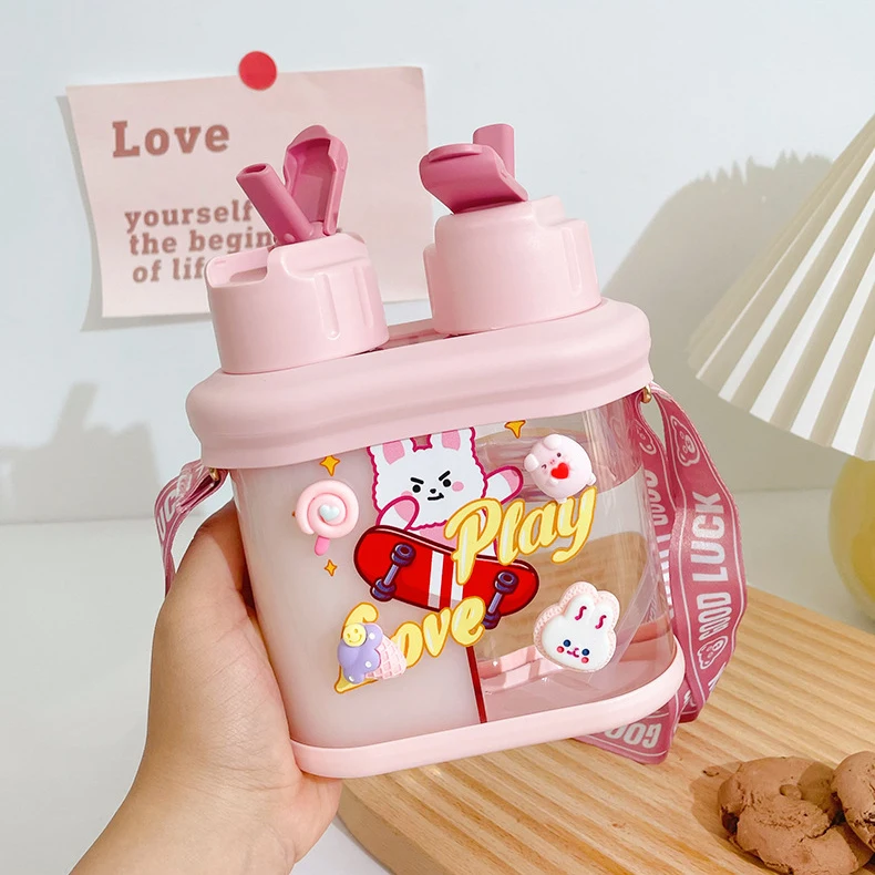 640ml-Cartoon-Children-Double-Straw-Water-Bottle-Outdoor-Portable-Strap ...