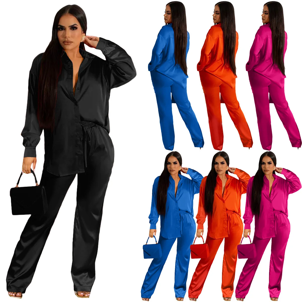 Sexy Loose Satin Long Sleeve Blouses And Pants Two Piece Sets Women ...