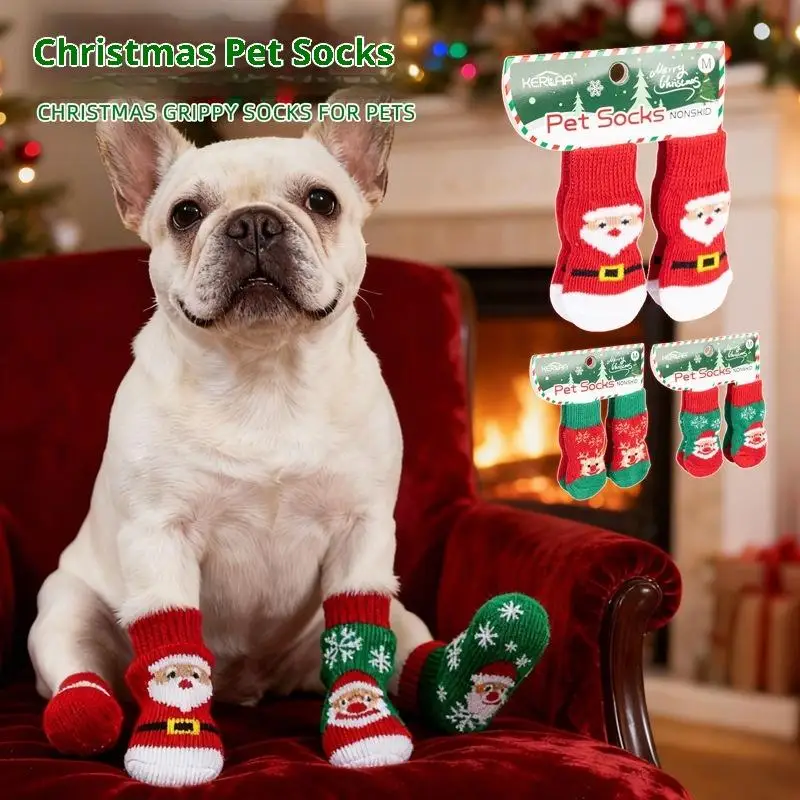 4Pcs/Set Christmas Deer Snowman Pet Knitted Socks - Winter Warm Non ...