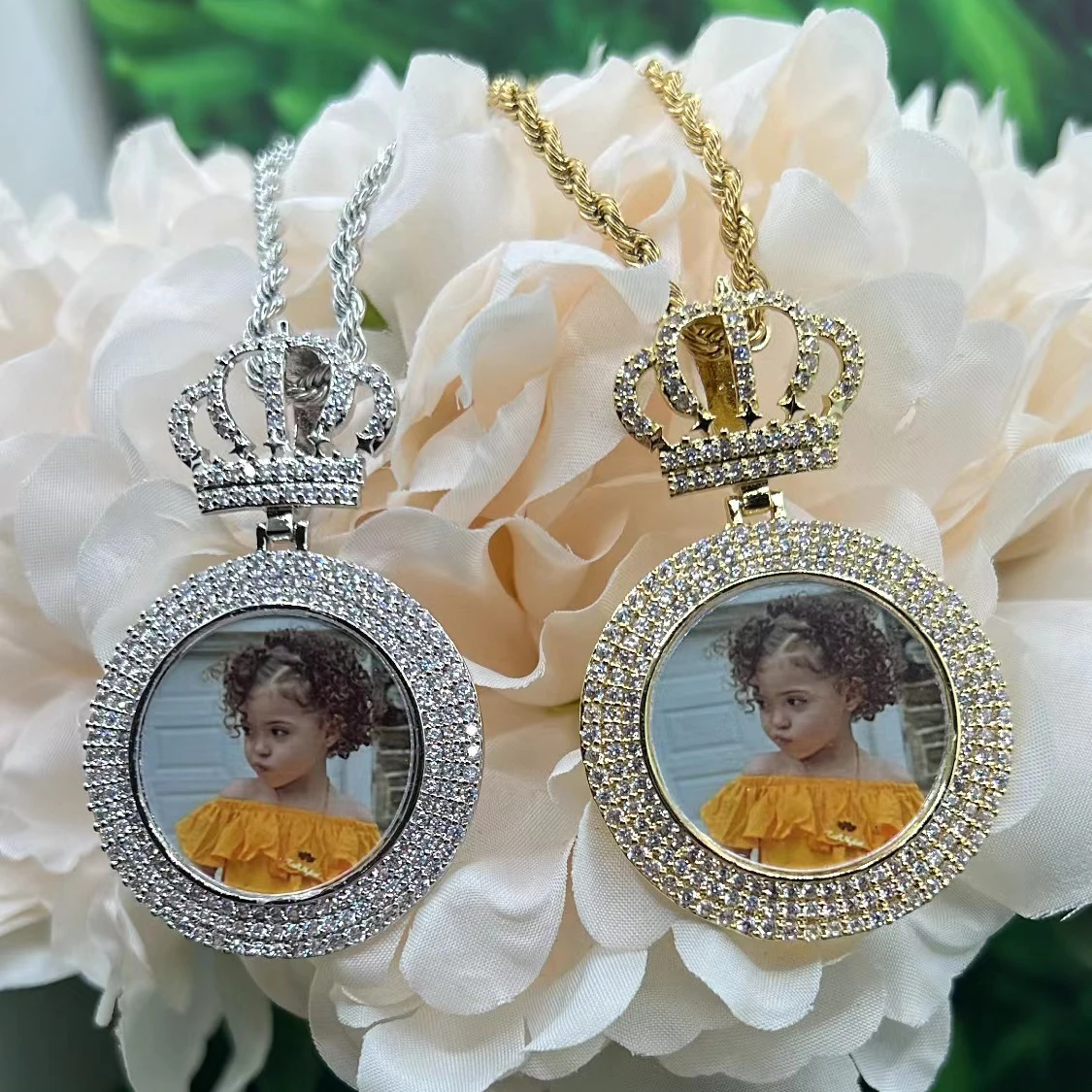 THE BLING KING Crown Design Custom Photo Memory Pendant Engrave Name ...