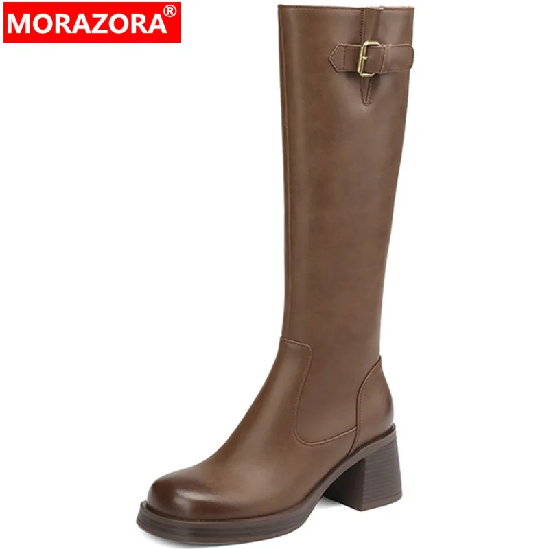 MORAZORA 2023 New Arrive Zipper Knee High Platform Boots Thick High Heels Shoes Ladies Genuine ...