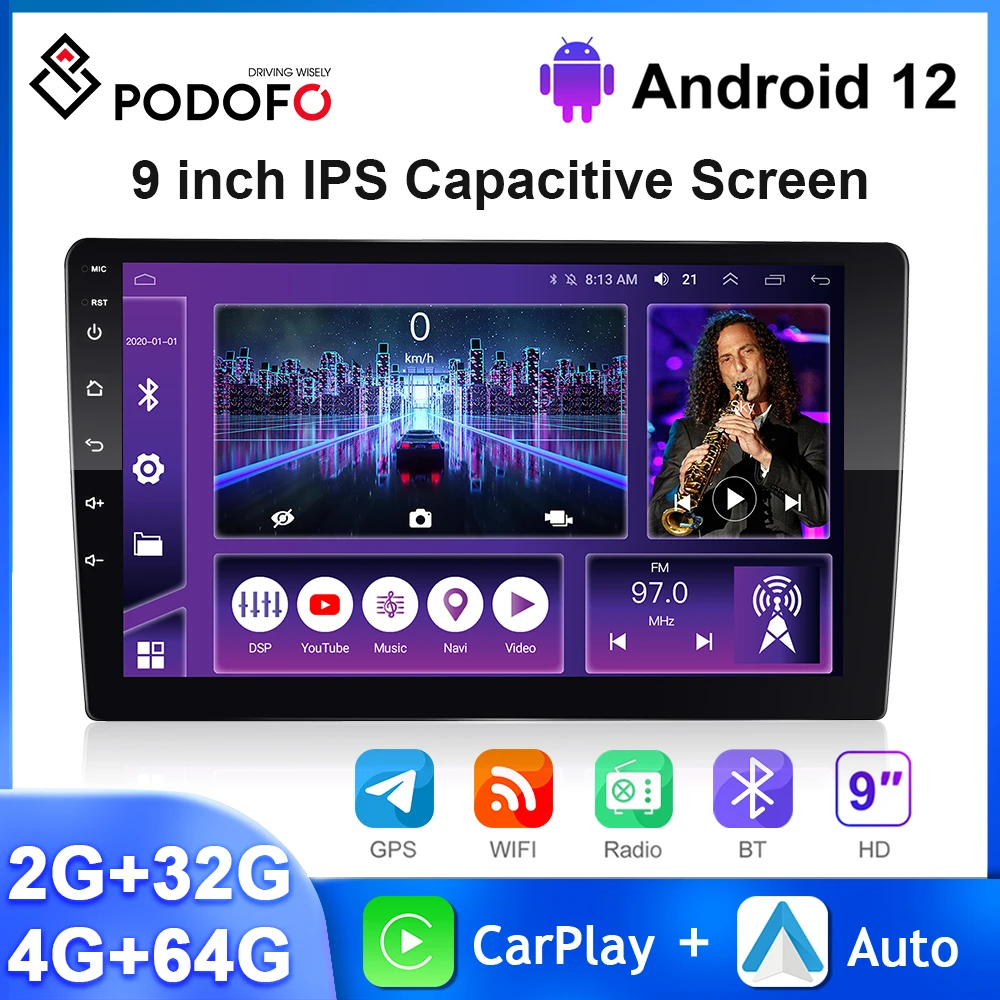 Podofo Android 12 8 Núcleo 4G 64G Rádio Do Carro Carplay Auto 9 ...