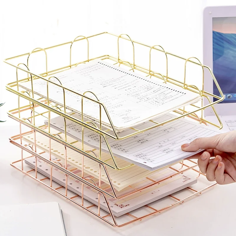 Metal Stackable Paper Tray Desk Organizer Rose Gold Metal Letter Trays ...